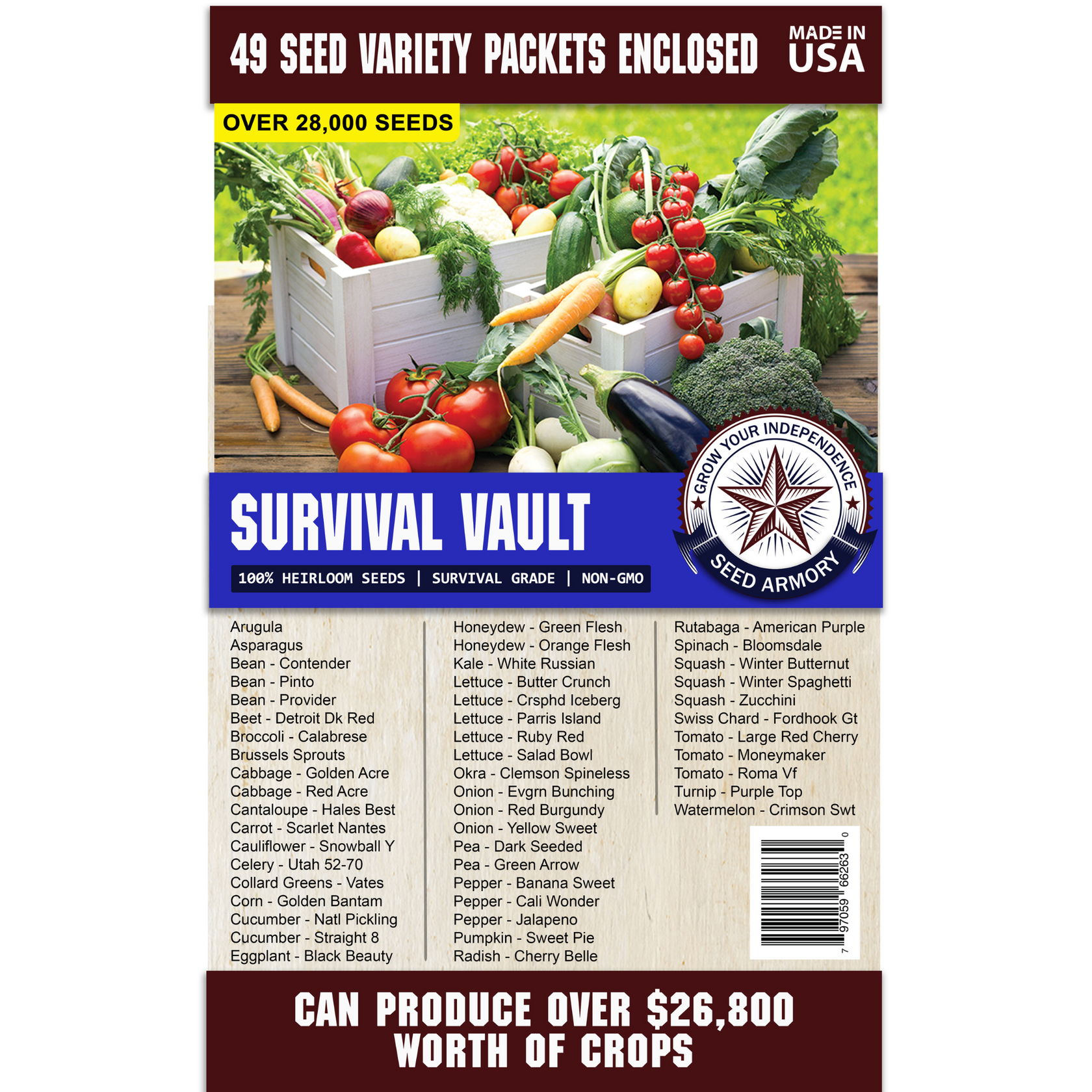 Heirloom Seeds, Survival Vault Super Kit - 100% Non-GMO Survival Grade ...